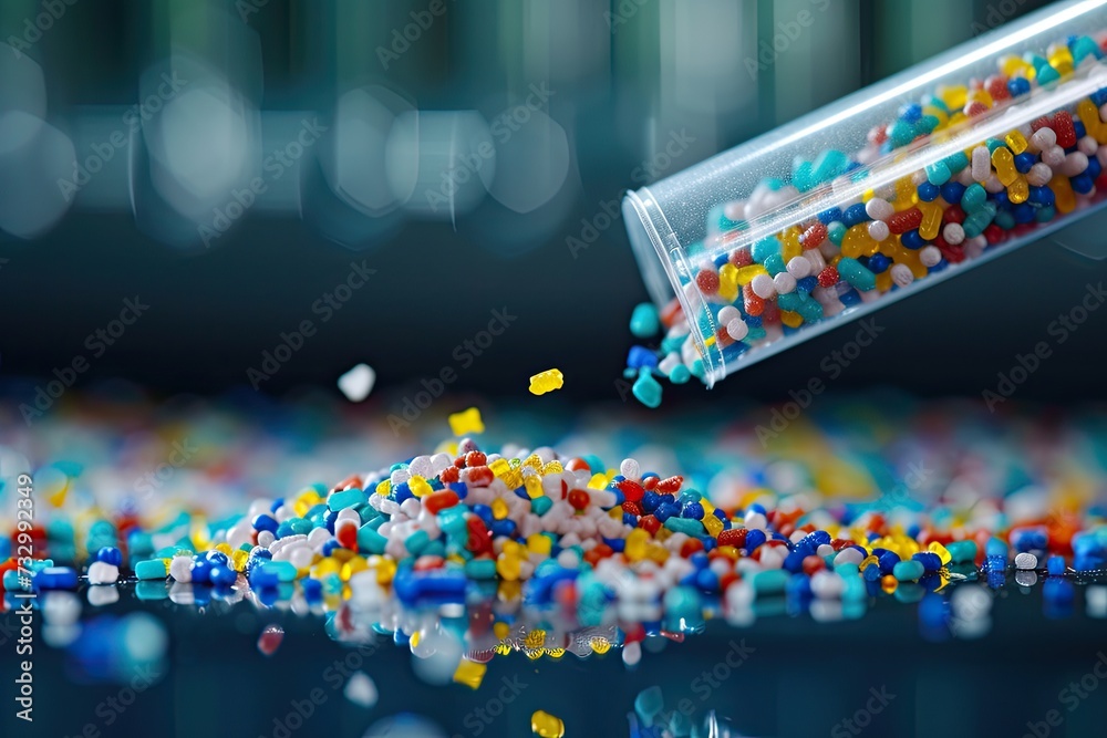 Dyed synthetic polymer resins granulates mixed colors falling from a ...