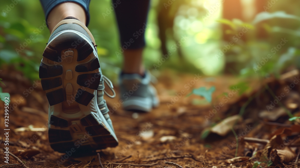 a person's feet walking on a trail, in the style of youthful energy ...