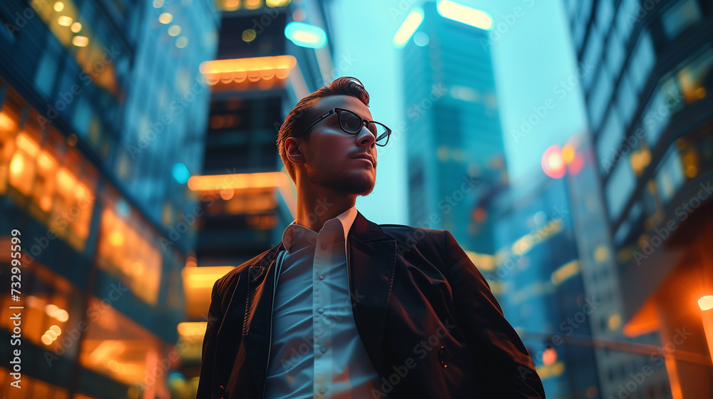 male smart businessman in glasses standing around in skyscraper at ...