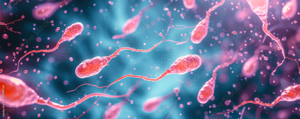 Detailed microscopic view of human sperm cells swimming actively ...
