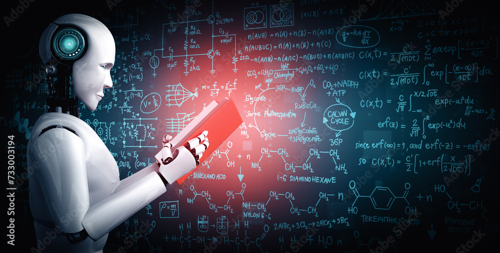 XAI 3d illustration 3D illustration of robot humanoid reading book and solving math data ...