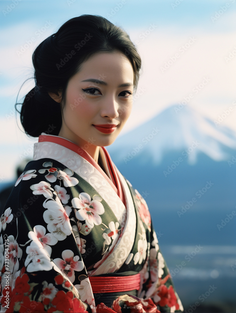 Japanese lady in a national costume Background Japan Fuji Mountain ...