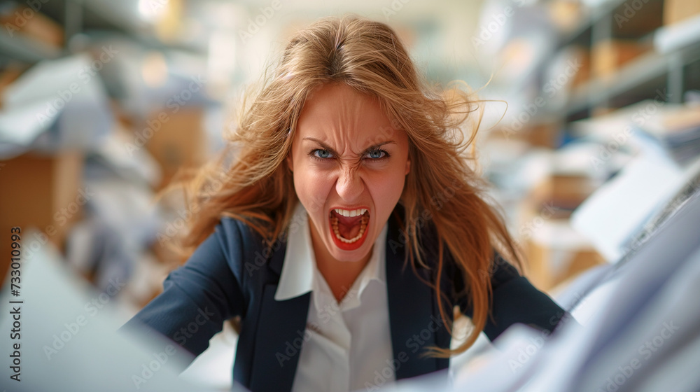 Pissed off woman office worker cluttered with paperwork shouting, theme ...