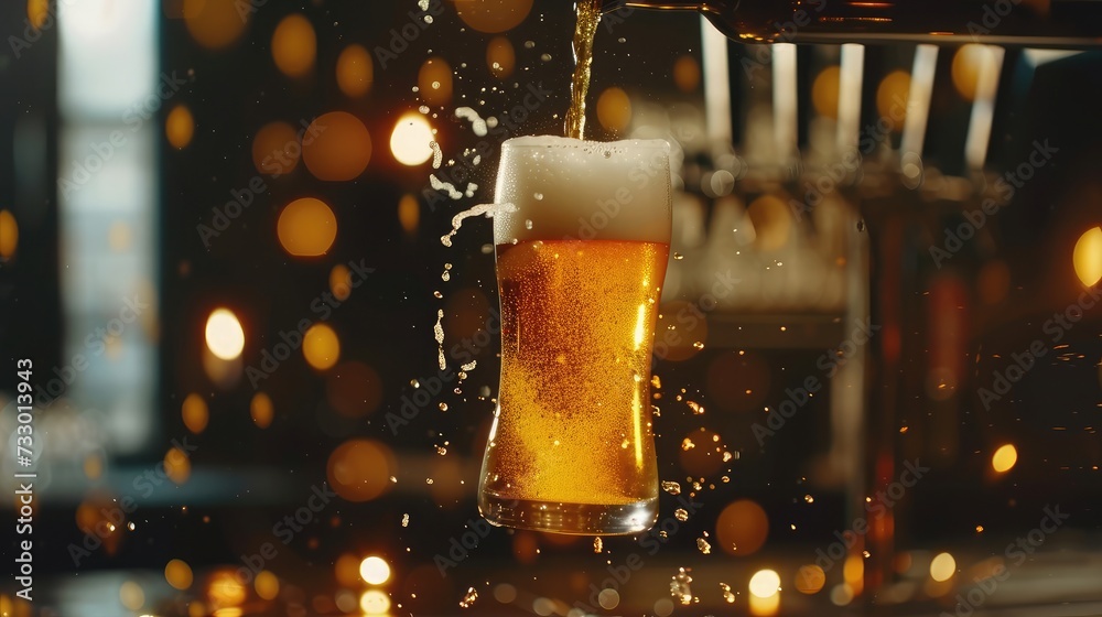 Pouring beer with bubble froth in glass for background on front view ...