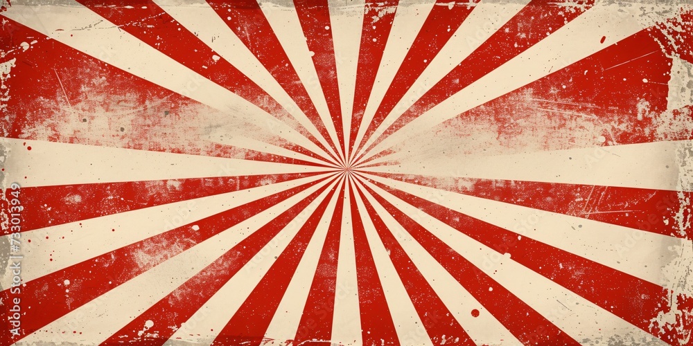 Retro circus design with swirling rays and distressed texture, featuring a red and white ...