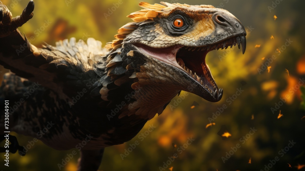 Velociraptor portrait closeup. Hunting angry dinosaur with a growl and ...