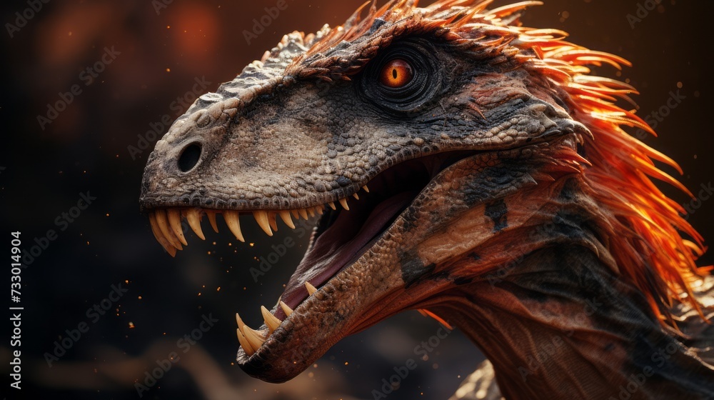 Velociraptor portrait closeup. Hunting angry dinosaur with a growl and ...