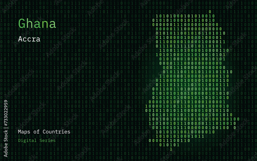 Ghana Map Shown in Binary Code Pattern. Matrix numbers, zero, one. World Countries Vector Maps ...