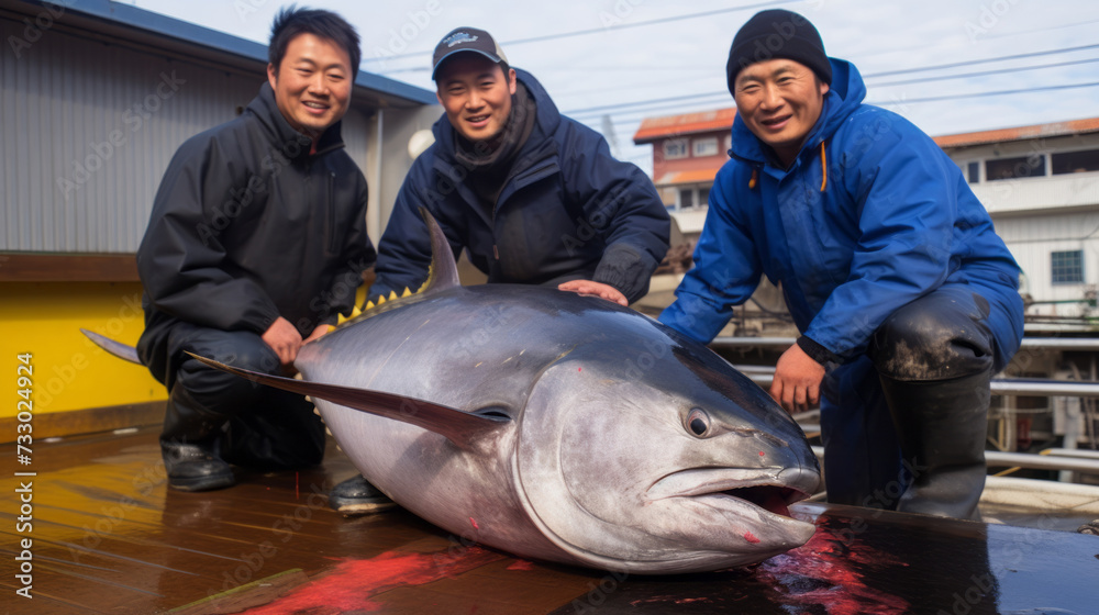 Japanese fishermen holding a bluefin tuna after catching it. Asian men ...