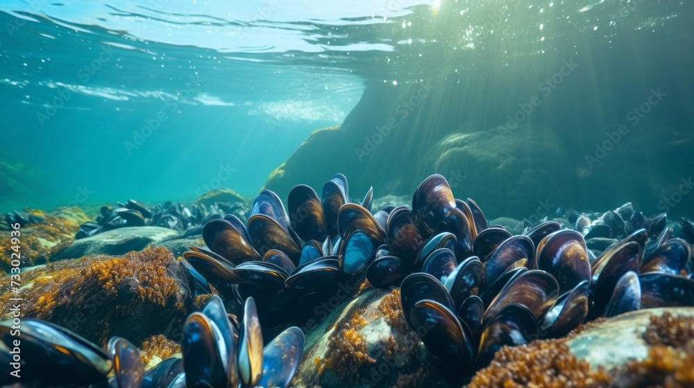 Beautiful clam farm from underwater. An oyster farm on a nice sunny day ...