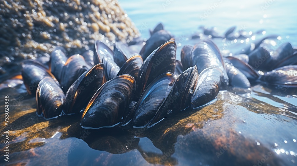 Beautiful clam farm from underwater. An oyster farm on a nice sunny day ...