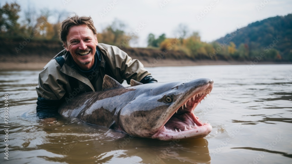 Fisherman holding a big fish caught in amazonian river. Man caught a ...