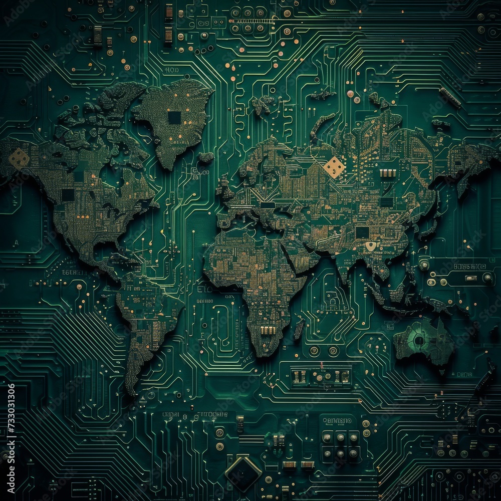 A map marks the location of countries around the world with electronic ...