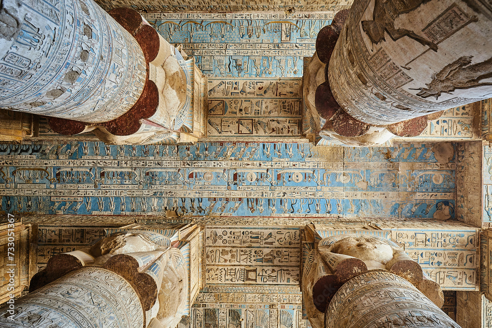Colourful astronomic ceiling with celestial scenes and hathoric columns ...