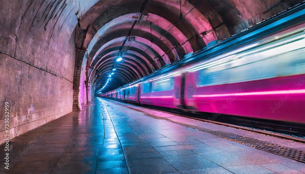 fast underground subway train racing through the tunnels neon pink and ...