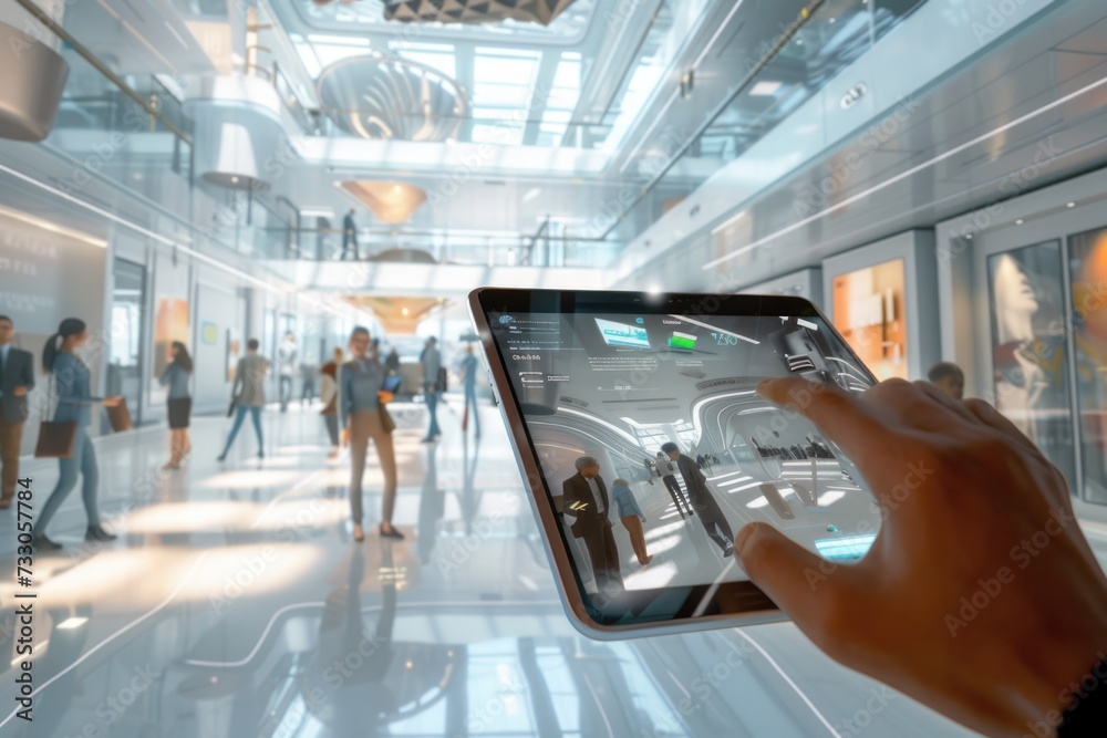 Futuristic Smart Office Navigation on Tablet. A hand holds a tablet ...