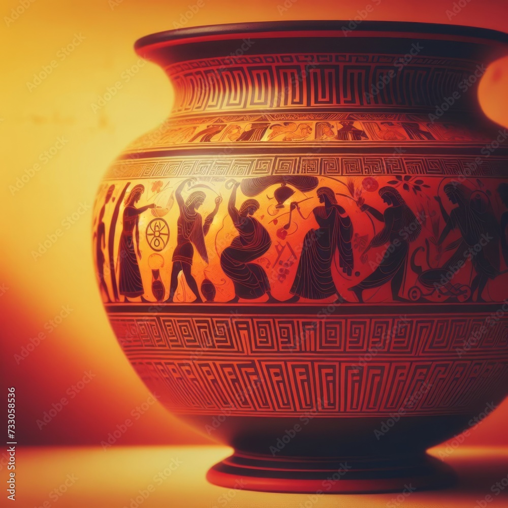 Terracotta Greek vase with black decor details painted around the body ...