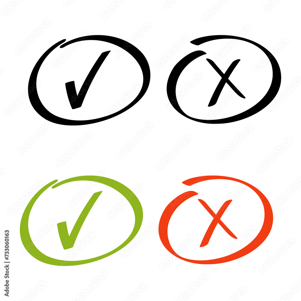 Green check mark and red cross in a circle, hand drawn icon set ...