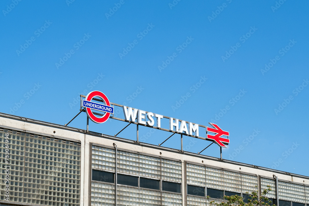 London, UK - June 10 2023 : Detail signage West Ham station with ...