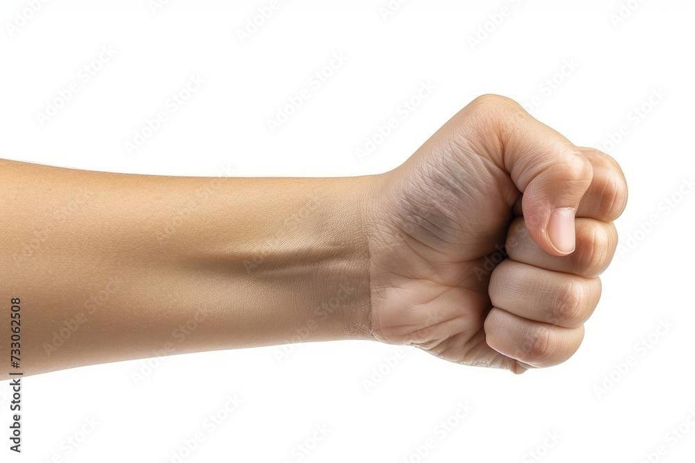 Woman hand shows wrong fist gesture isolated on white background, with ...