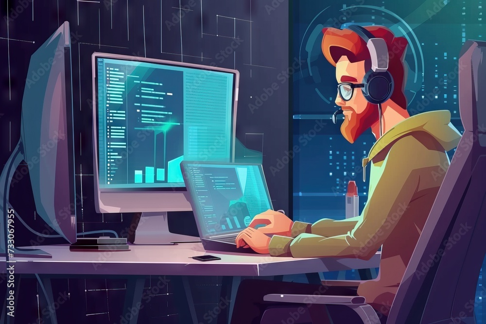 Programmer in office develops a new application. Generative AI Stock Illustration | Adobe Stock