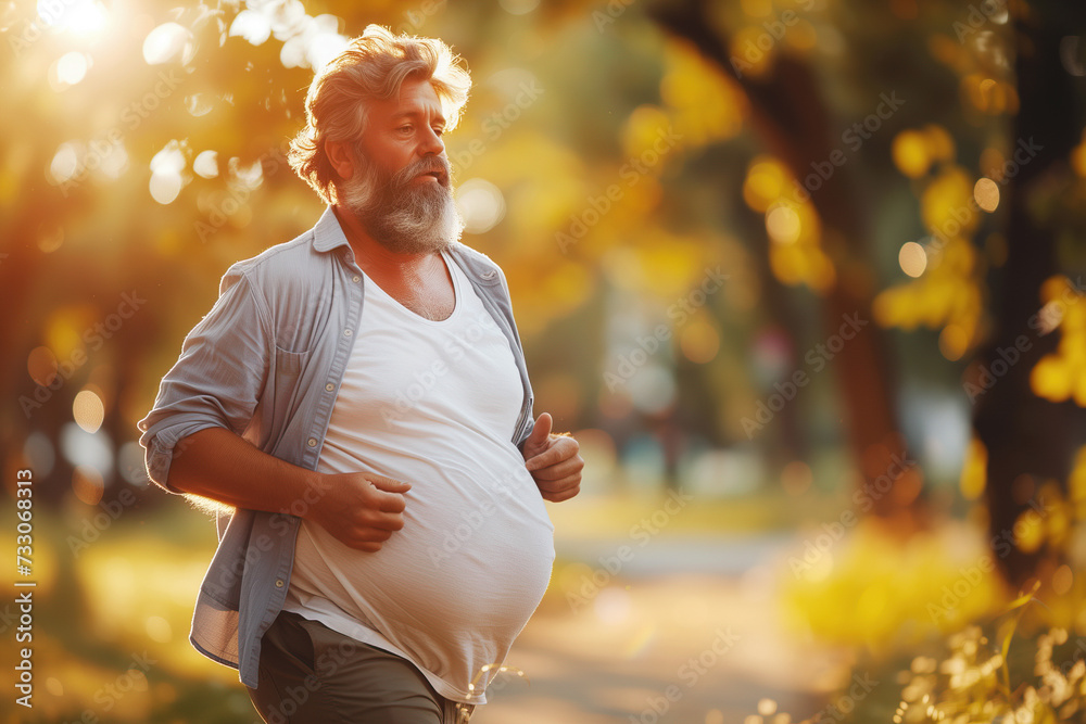 Extremely overweight fat man jogging in the park. In summer. clear sun ...