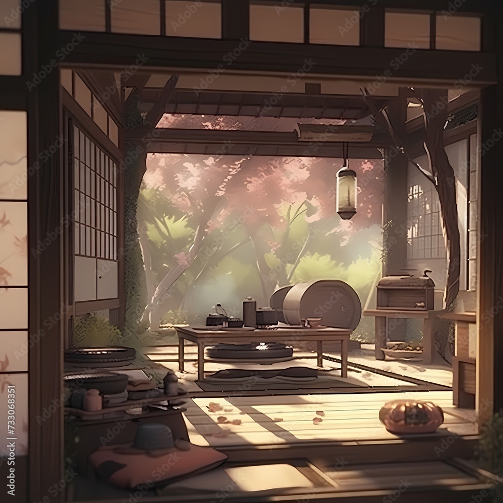 Traditional Japanese Tea Room with Open Shoji Doors and Tranquil Garden ...