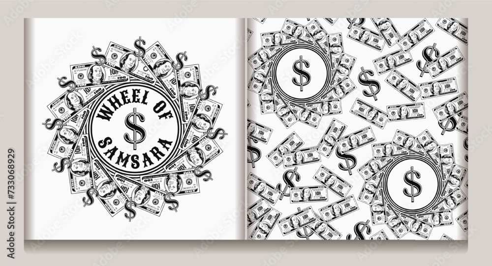 Circular money label, seamless pattern with US dollar bills, golden ...