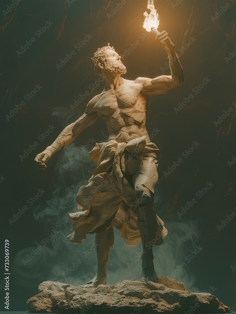 Ignite enlightenment: prometheus, the olympian god, holds fire in hands ...
