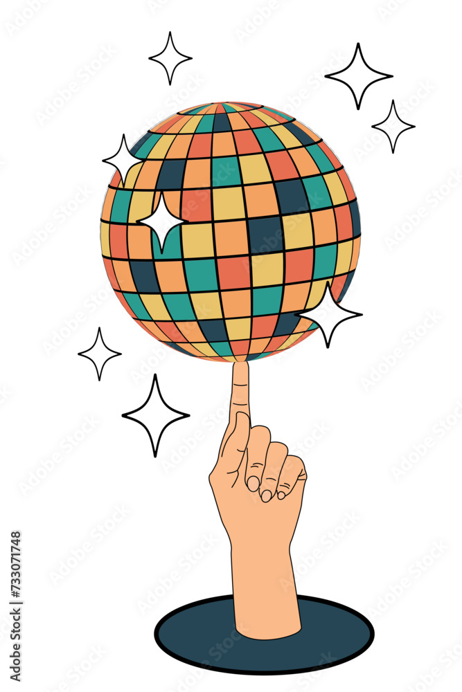 Disco ball on the finger of your hand. Groovy. Clockwork elements in a ...