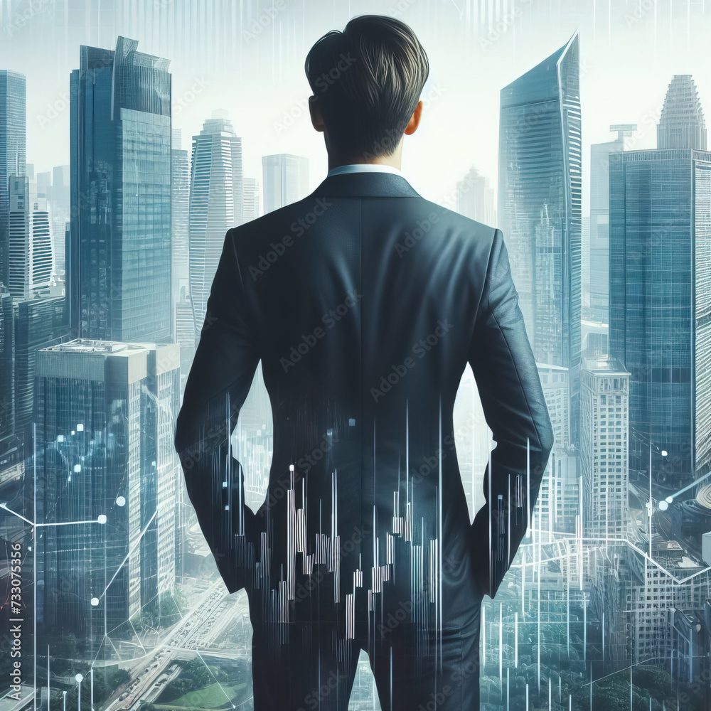 back of businessman in suit with business office glass modern buildings ...