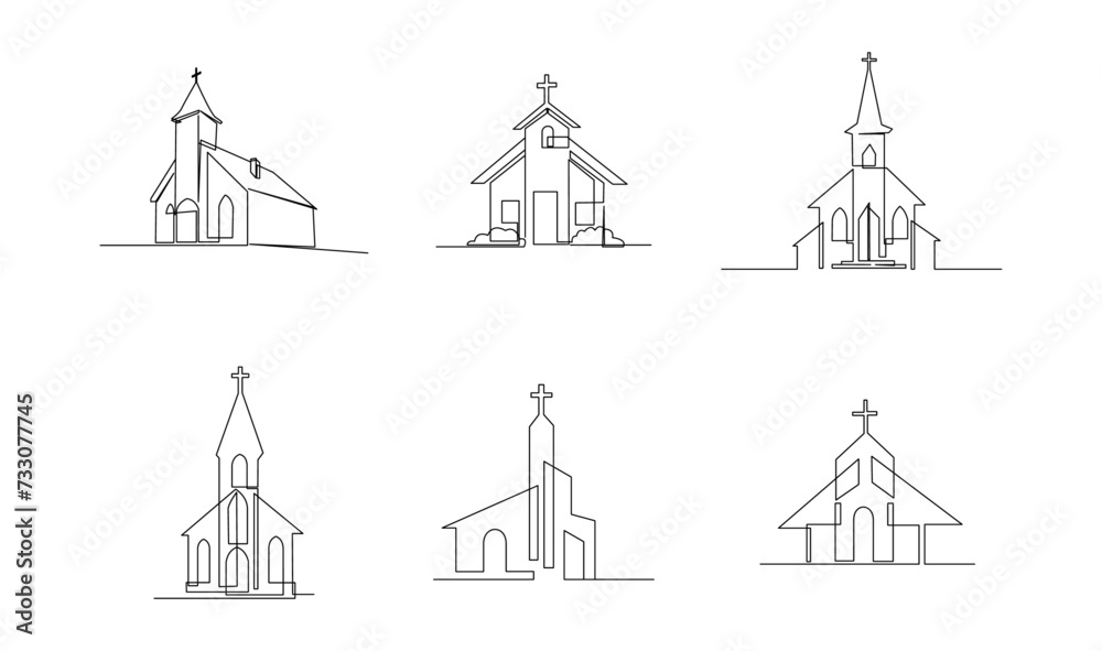 Church One line drawing isolated on white background template Stock ...