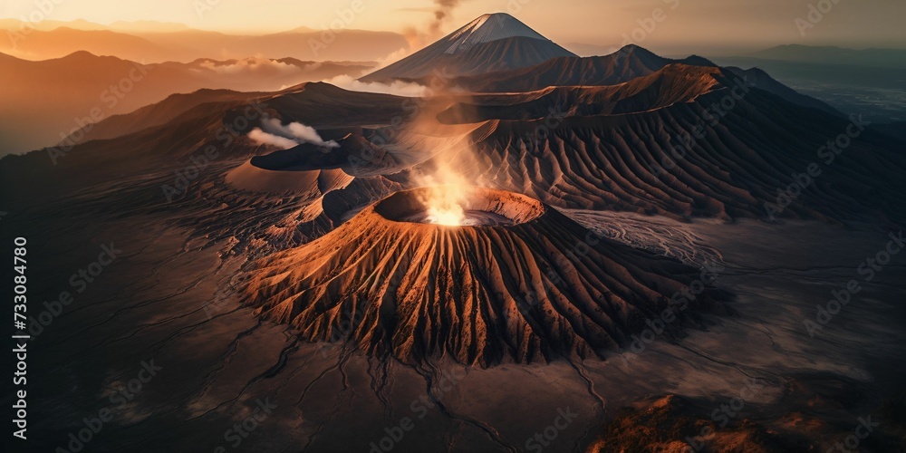 AI generated illustration of majestic three volcanoes situated atop a ...