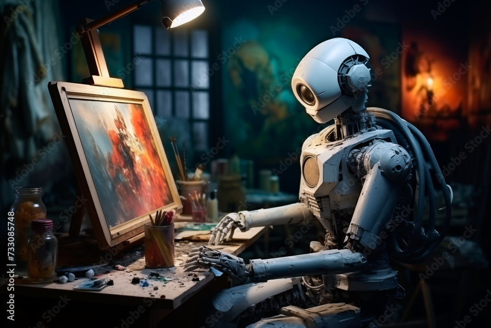 An android with artificial intelligence next to its artwork. Is ...