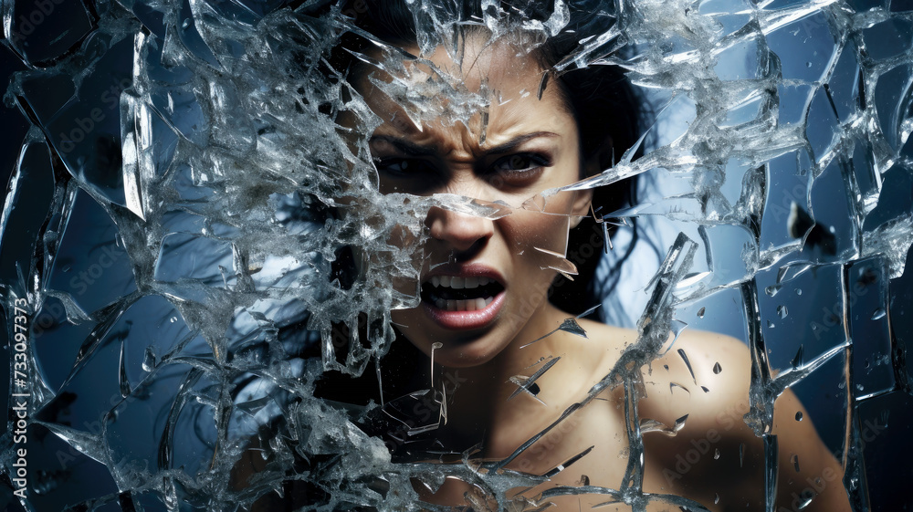 Depressed angry young woman stands behind broken glass. Sad woman ...