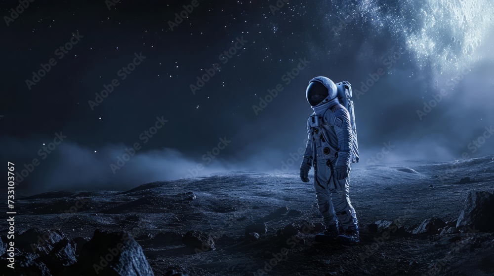 Lone astronaut standing on a barren, moon-like landscape, gazing at a ...