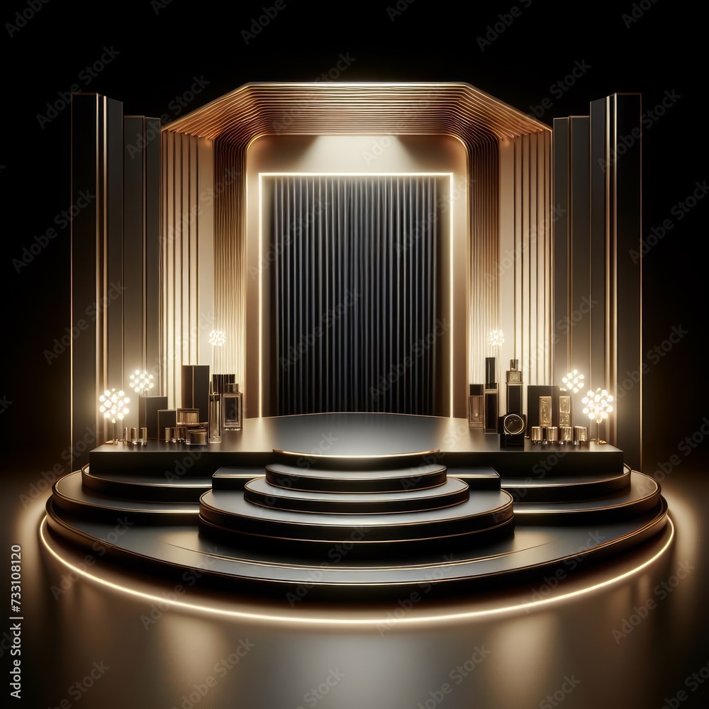 Contemporary luxury stage design with golden accents, modern lighting ...