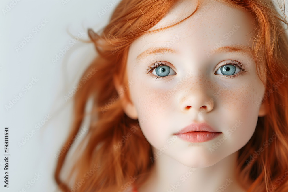 Closeup portrait of pretty red hair little girl isolated on white ...