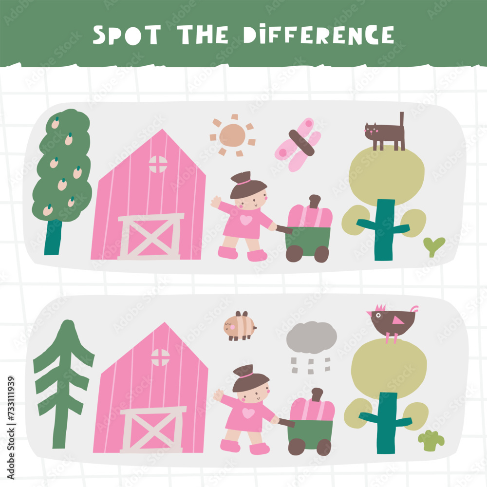 Spot the difference farm animals game for kids. Cute hand drawn doodle ...