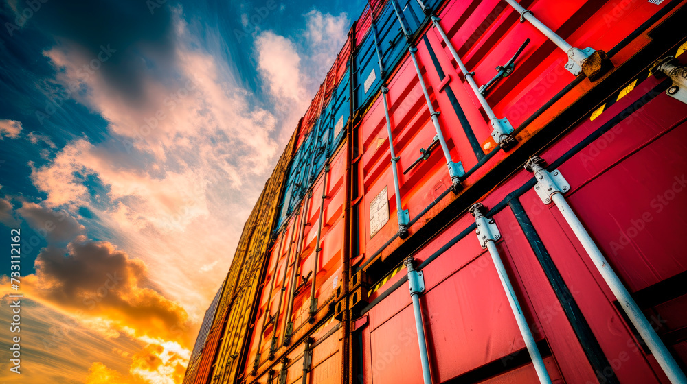 Stacked cargo standard containers for temporary storage, loading ...