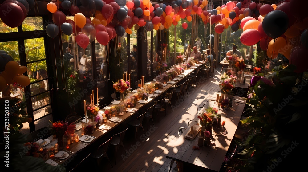 A top-down view of a birthday party venue adorned with balloon garlands ...