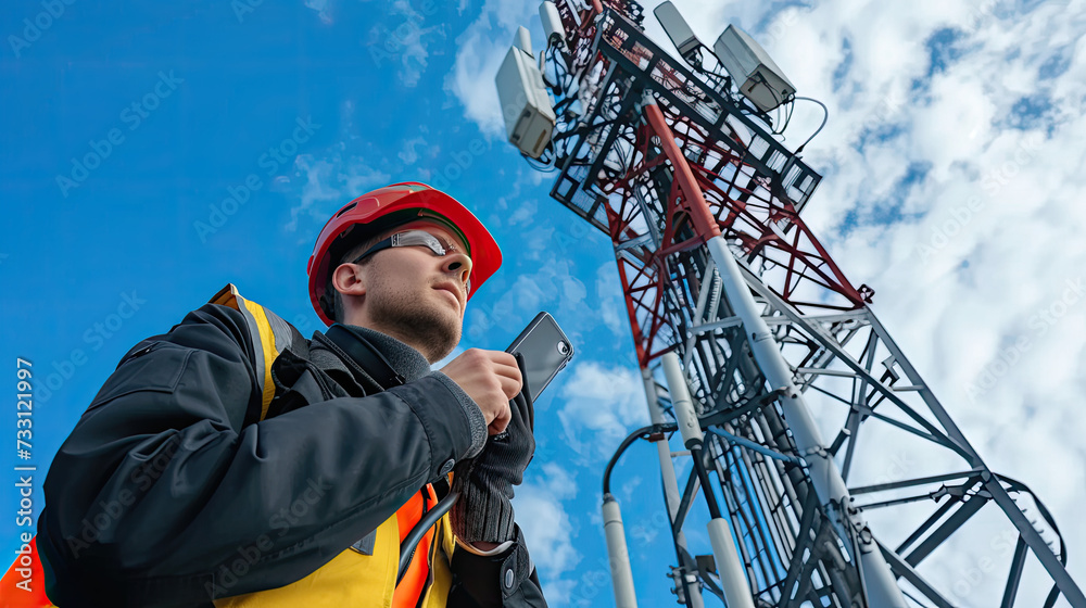 Helmeted male engineer works in the field with a telecommunication ...