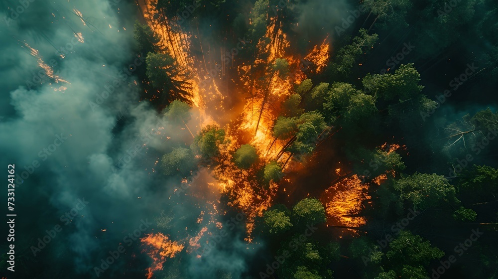 Aerial view of a forest fire. flames engulfing trees amidst smoke ...