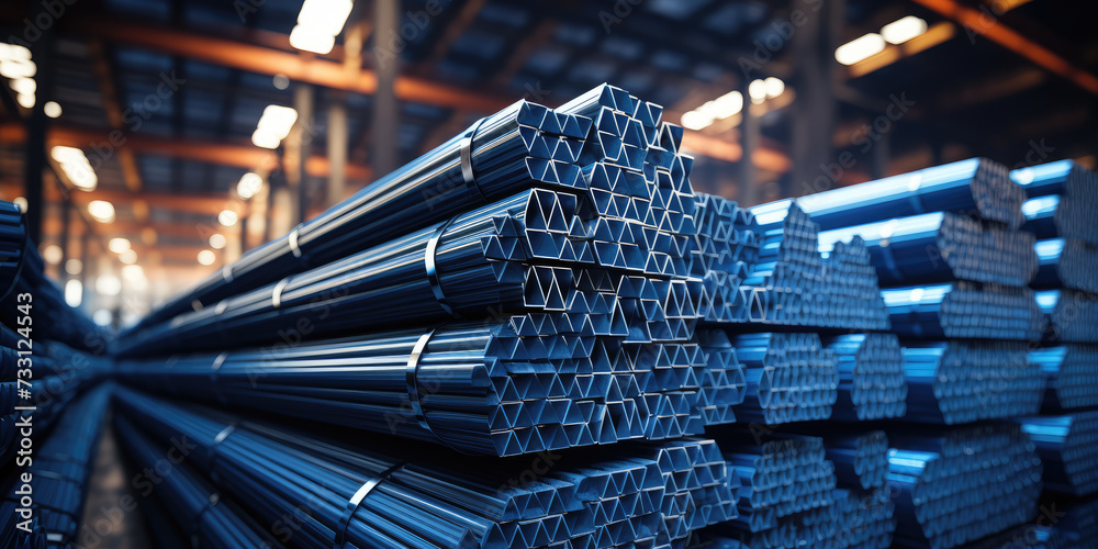 Stacks of steel profiles in an industrial warehouse reflecting blue ...