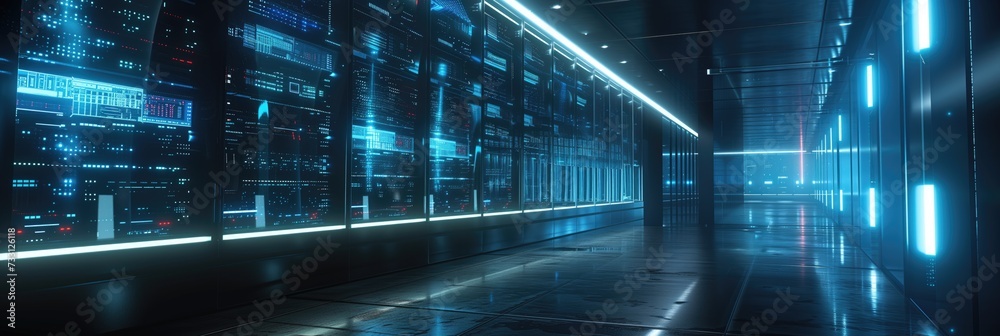 Blue digital technology background with server room data center glowing ...