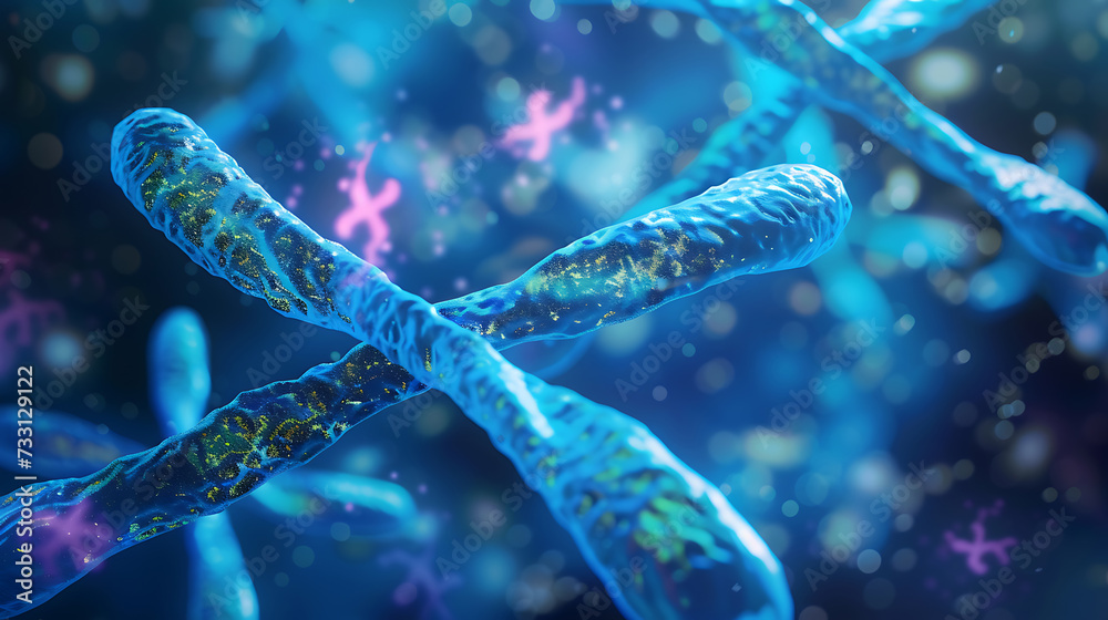 Illustration of X and Y chromosomes with DNA helix on a blue background ...