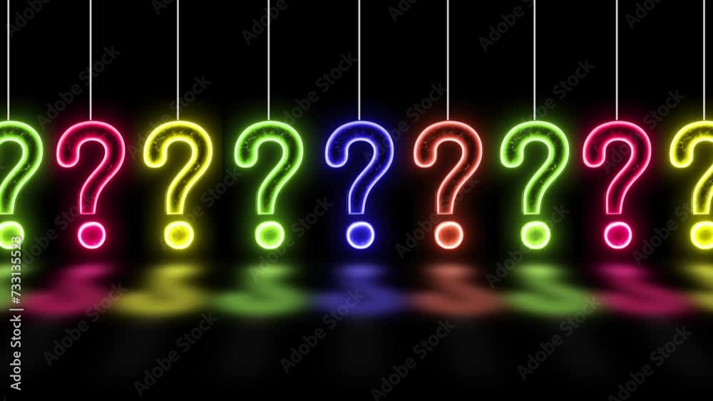 Glowing Question Mark Hanging Animation On Black Background. Randomly ...