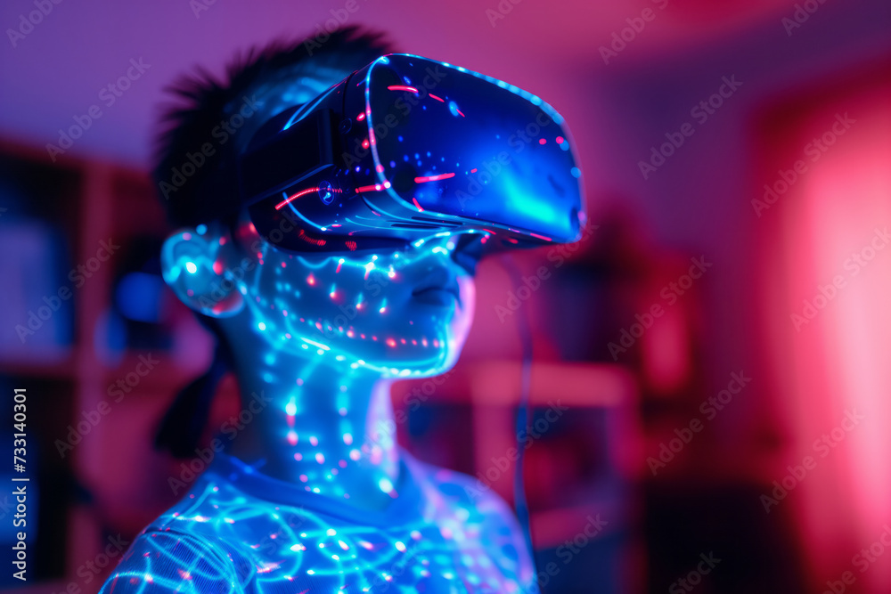 Asian boy wearing VR goggles using augmented reality to study human ...