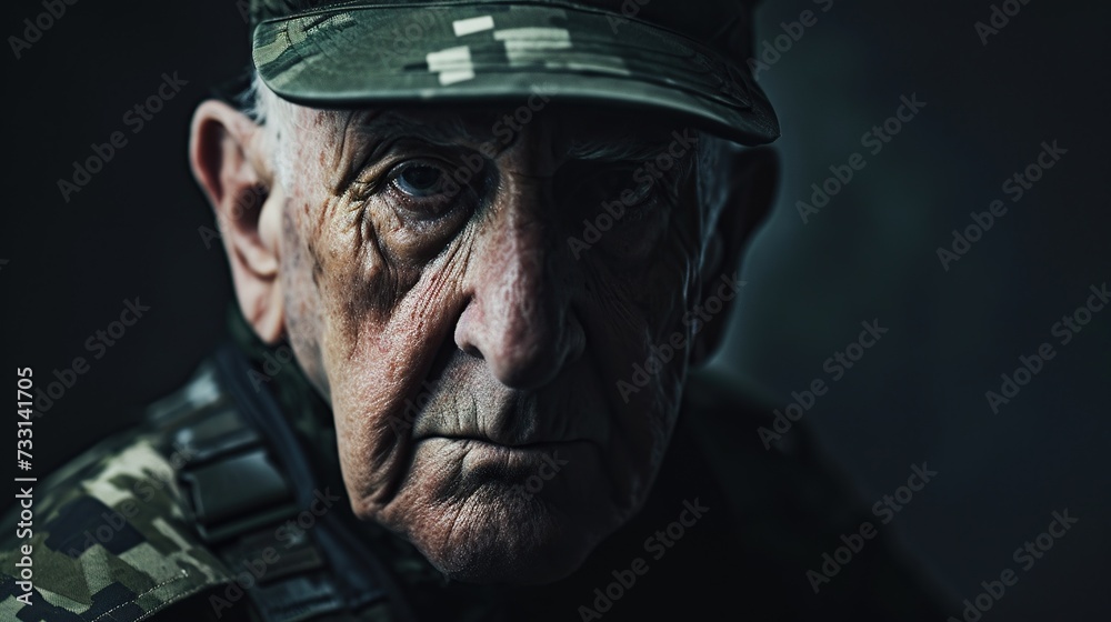 The solemn face of a seasoned veteran, his intense gaze reflecting a ...