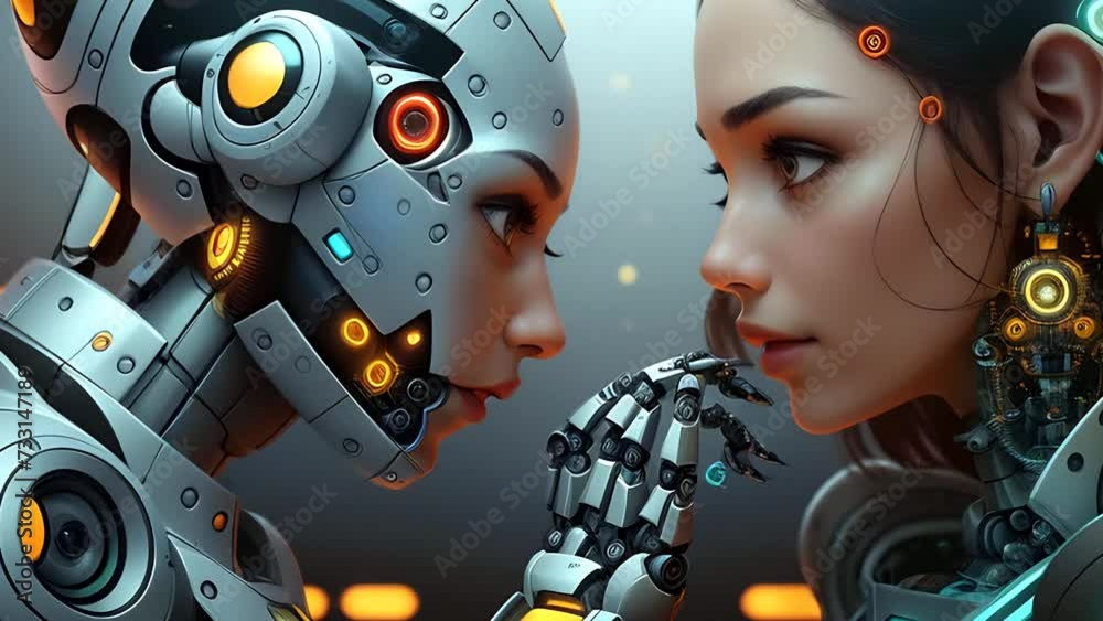 Human and robot connection: robot touching woman's face. Concept of ...